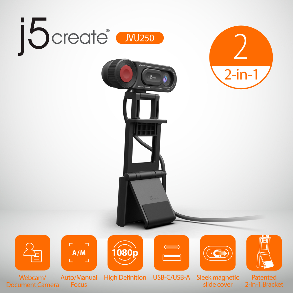 j5create JVU250 2-in-1 HD Webcam with Auto/Manual Focus Switch, with ...
