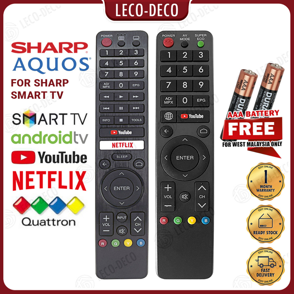 SHARP REPLACEMENT AQUOS ANDROID SMART TV REMOTE CONTROL NETFLIX YOUTUBE ...