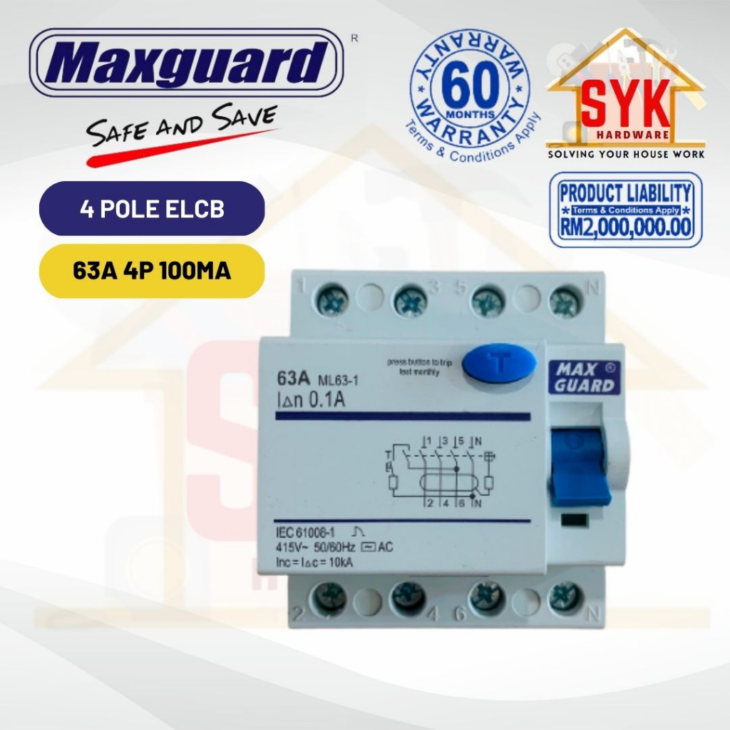 SYK Maxguard Residual Current Operated Circuit Breakers ELCB RCCB 2 Pole 4 Pole ML63 ML100 25A ...