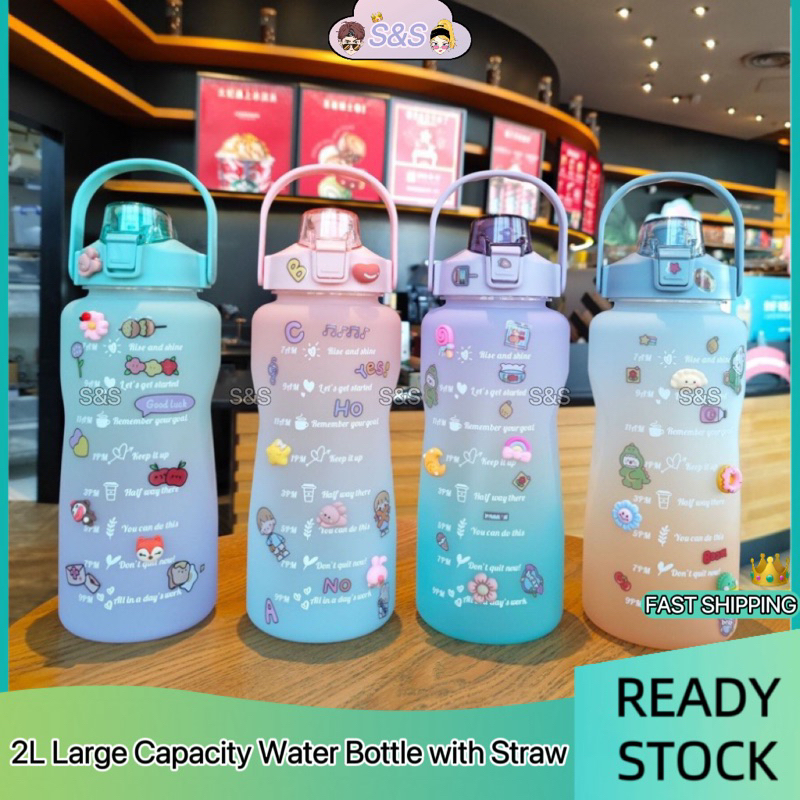 2L Large Capacity Water Bottle Straw Cup High Temperature Plastic Water Cup Time Scale Frosted ...