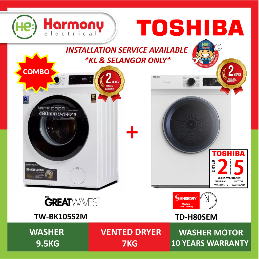 [COMBO OFFER] TOSHIBA 9.5kg Front Load Inverter Washer TW-BK105S2M + TOSHIBA 7kg Dryer TD-H80SEM ...