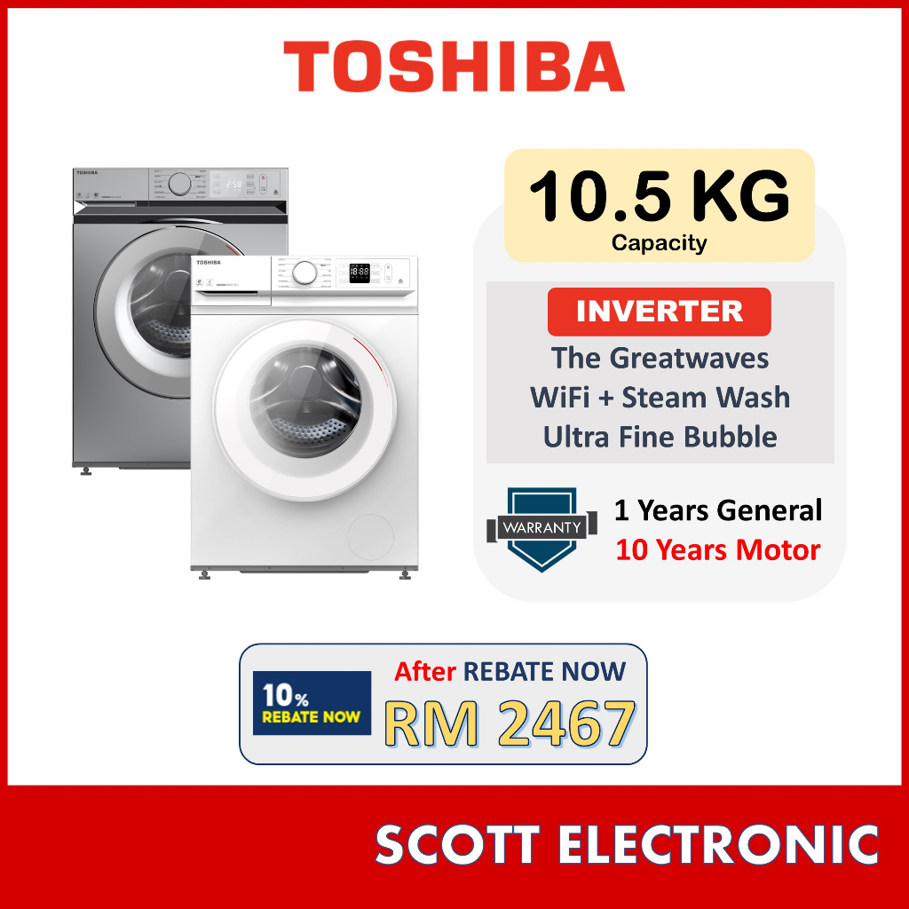 Toshiba 10.5KG FRONT LOAD INVERTER WASHER WASHING MACHINE BASUH AUTO TW-BL115A2M TW-BL115A2M(SS ...
