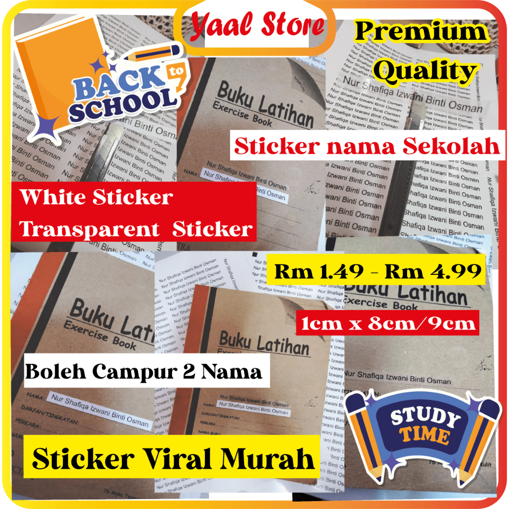 Sticker Nama Pelajar Buku & Kelas & Subject/ White & Transparent ...