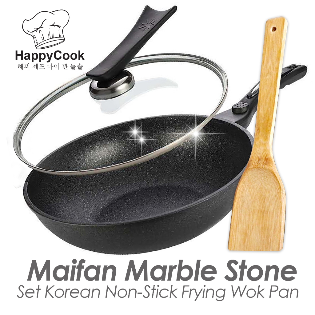 HappyCook Maifan Marble Stone Korean Non-Stick Frying Wok Pan (32cm ...
