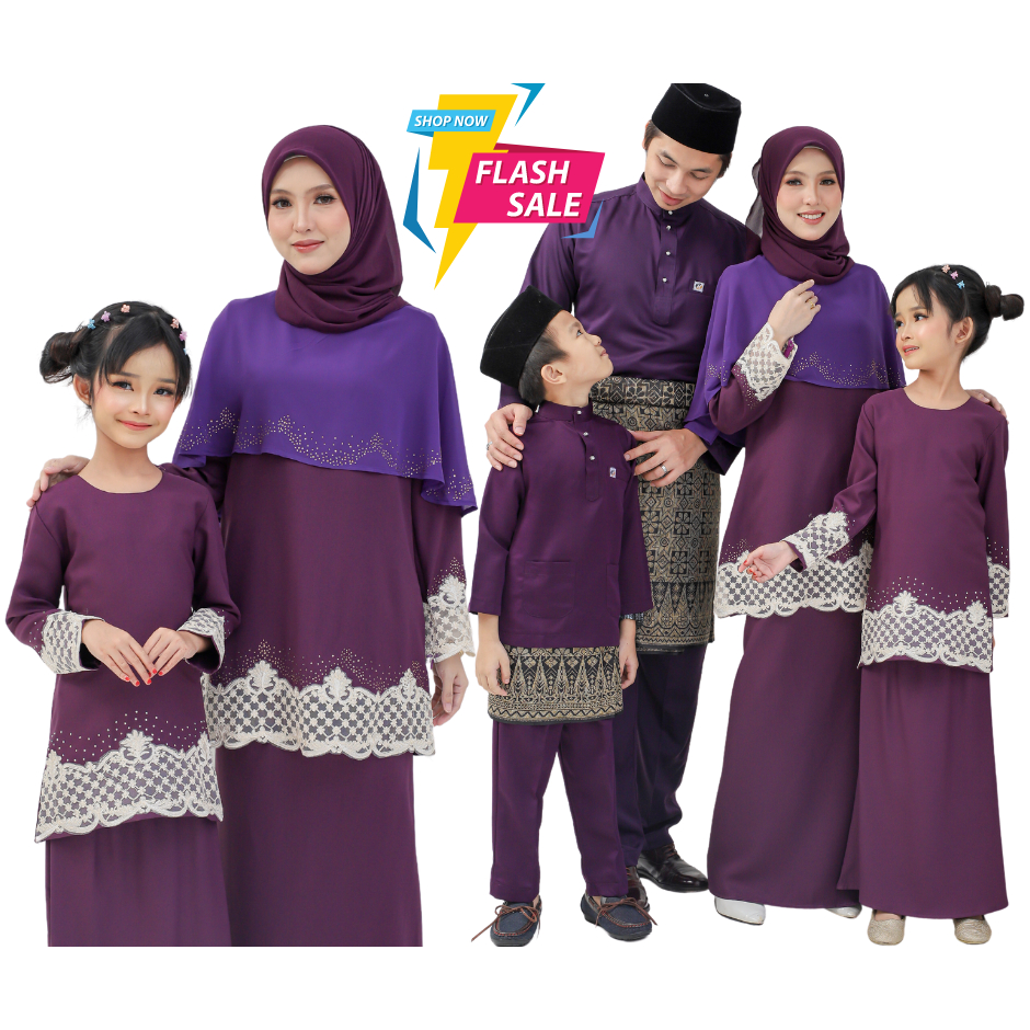 SET FAMILY WARNA DARK PURPLE | BAJU RAYA SEDONDON | KURUNG MODEN MELATI ...