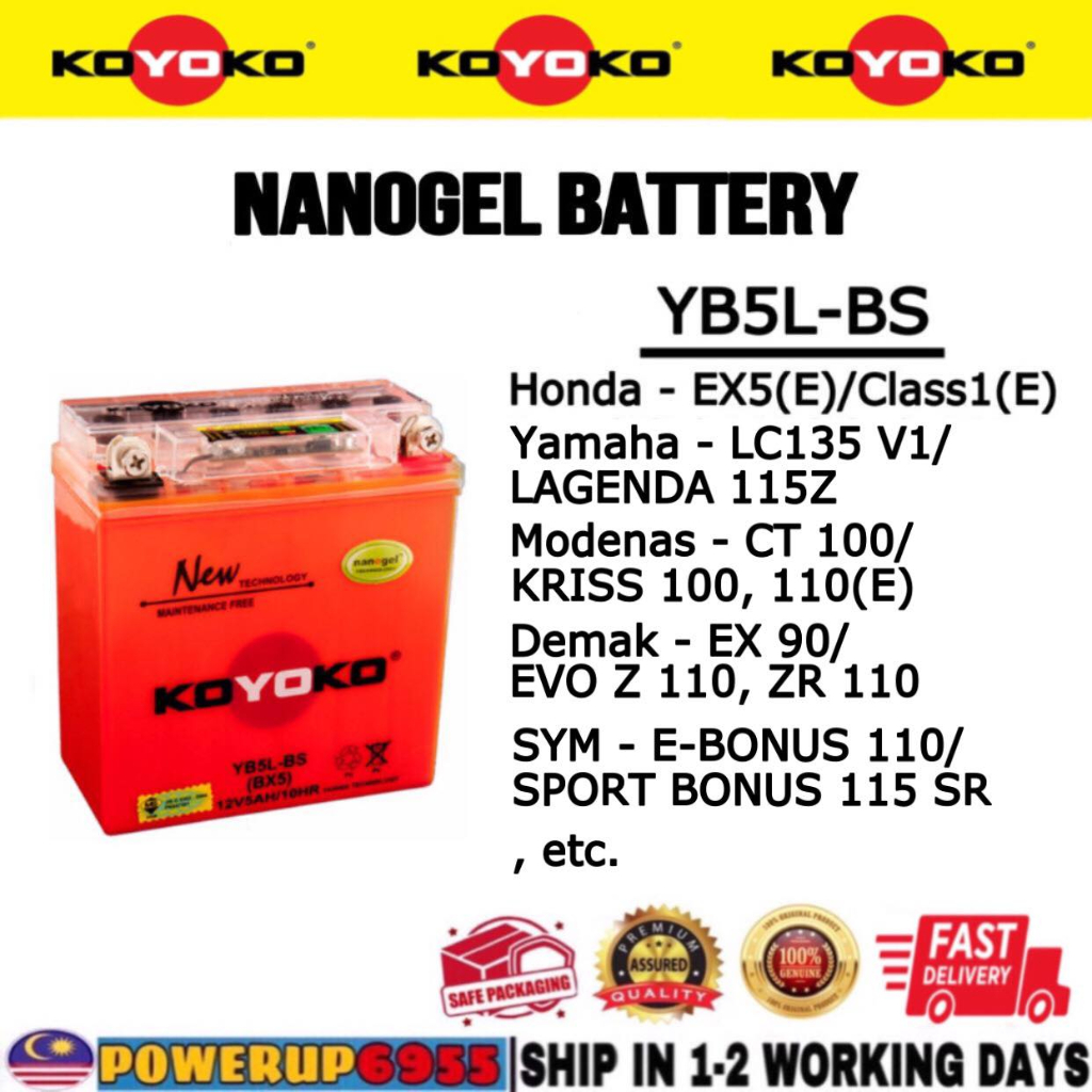 YB5L-BS YB5L BX5 KOYOKO NANOGEL BATTERY EX5 CLASS 1 EVO LAGENDA Z LC135 KRISS CT100 E SPORT ...