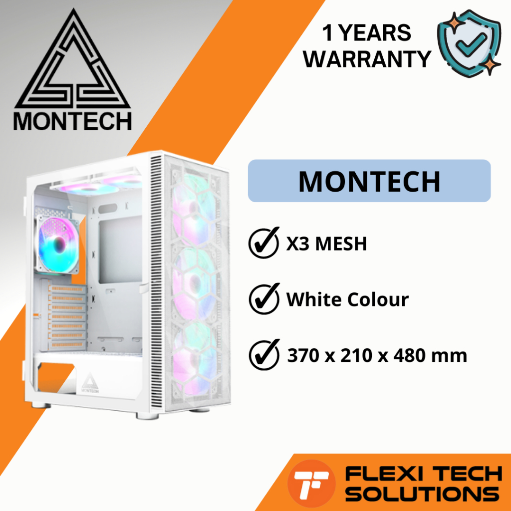 Flexi Tech MONTECH X3 MESH ATX Case Black & White PC Desktop Six Fixed ...