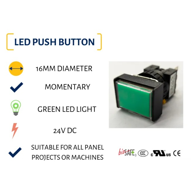 Koino 16mm Green LED Push Button Rectangular. 24V. Green 24V IP 40 ...