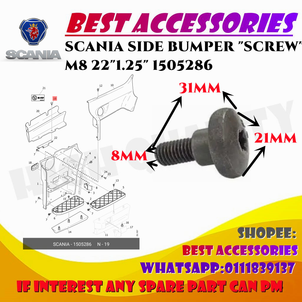 SCANIA SIDE BUMPER "SCREW" M8 22"1.25" 1505286 (ORI NO :1306882) HIGH ...