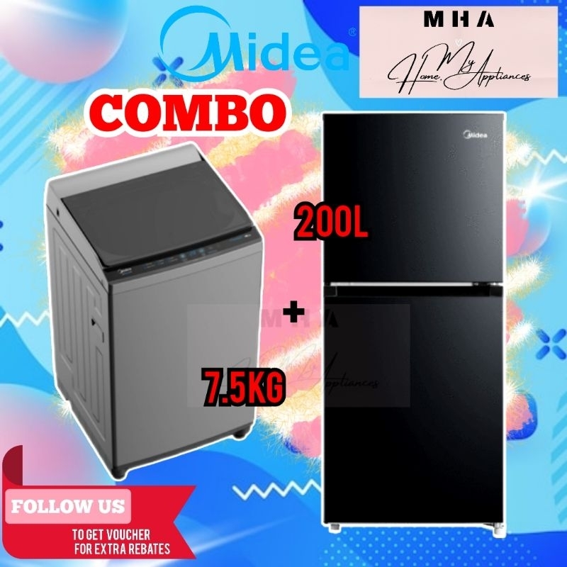 COMBO Midea 200L Refrigerator MDRT267MTB30 163L 1-Door MDRD229FGD42-MY 7.5kg Fully Automatic ...