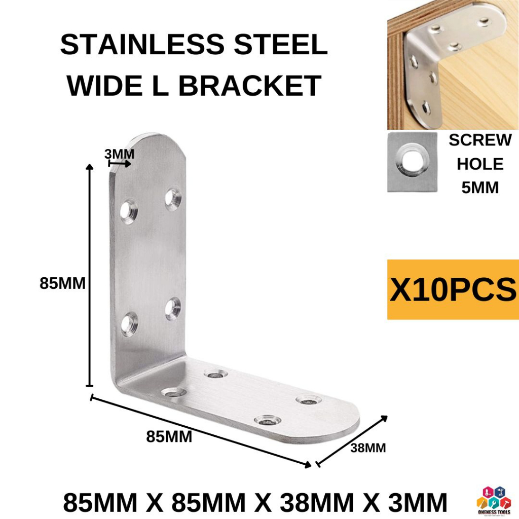 STAINLESS STEEL WIDE L BRACKET -85MM X 85MM X 38MM X 3MM -10PCS ...