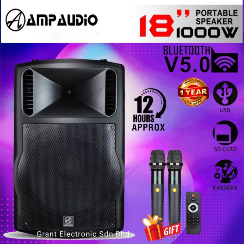 18" Portable Ampaudio Bluetooth Portable Speaker with Karaoke System JW ...