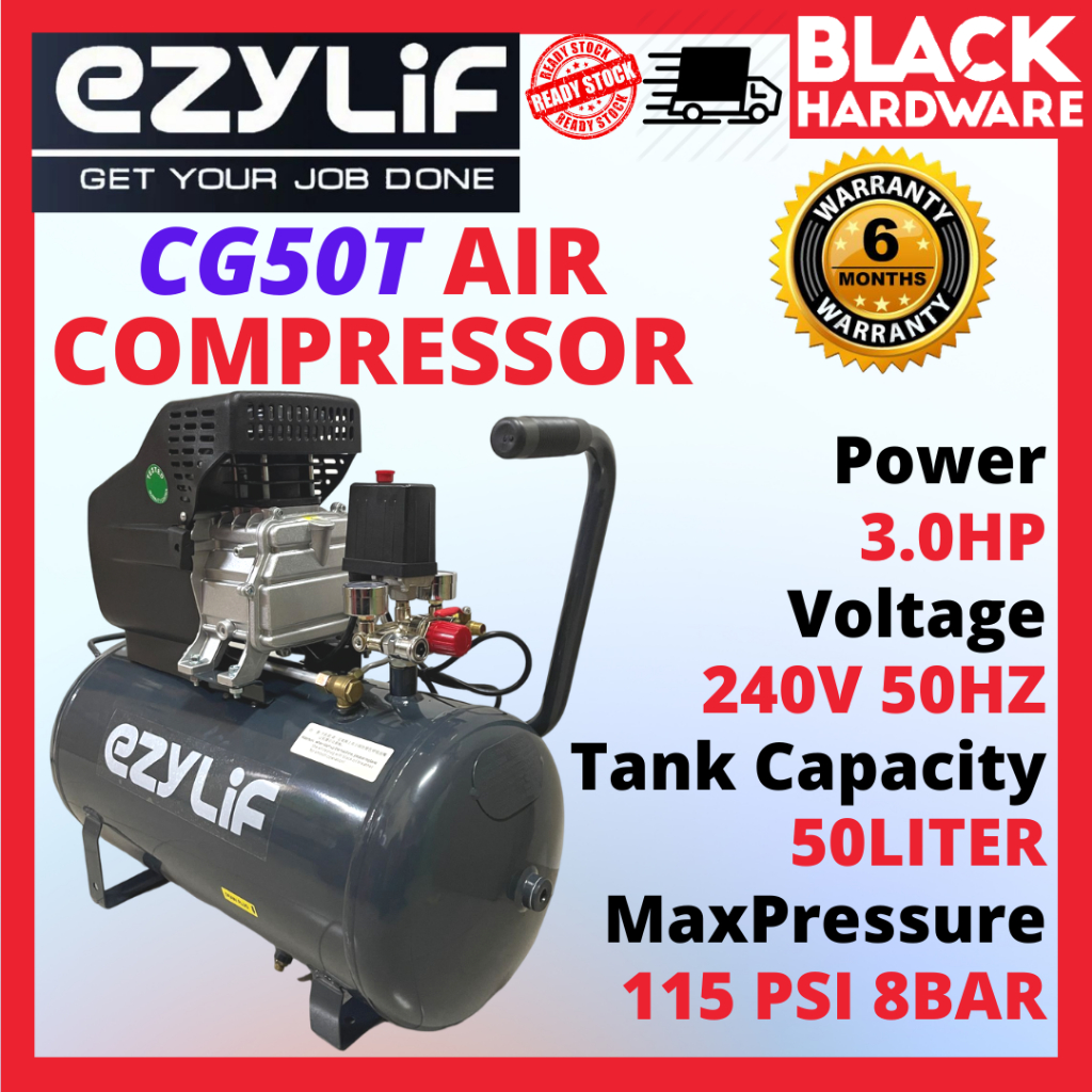 Black Hardware EZYLIF Home Air Compressor 3hp Kompressor Angin 50 Liter Tank 8 Bar Motor ...