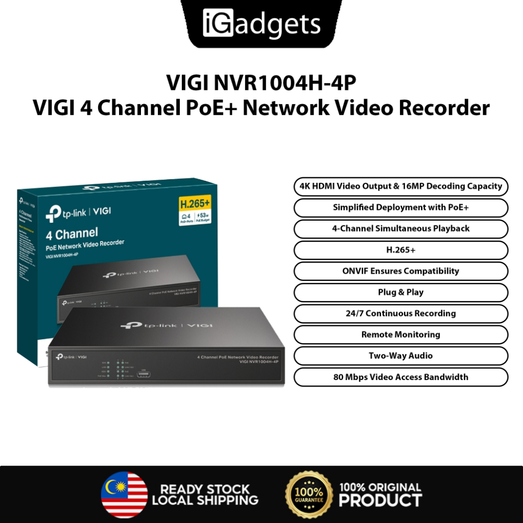 TP-Link VIGI 4 Channel PoE+ Network Video Recorder NVR1004H-4P | Shopee Malaysia