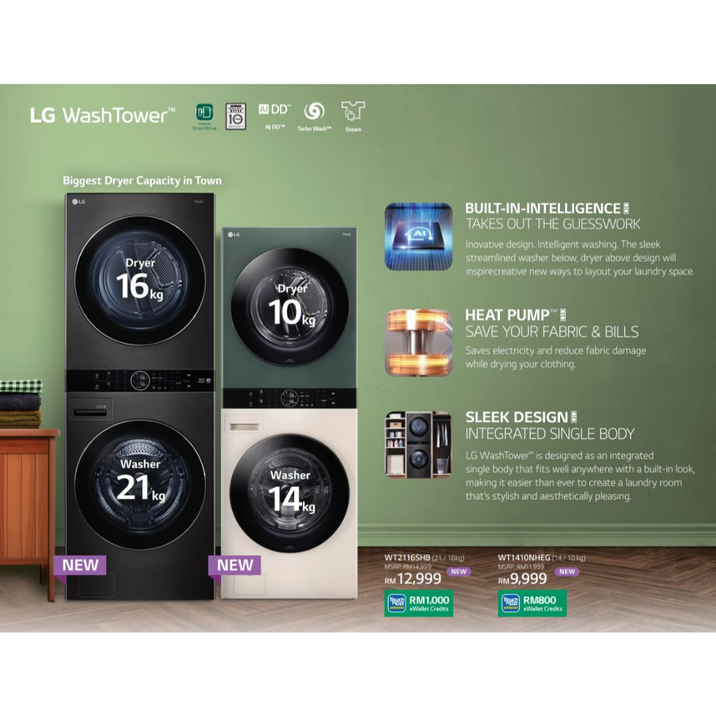 NEW LG WT2116SHB 21KG / 16KG Heat Pump Dryer WashTower™ All-In-One Stacked Washer Dryer | Shopee ...