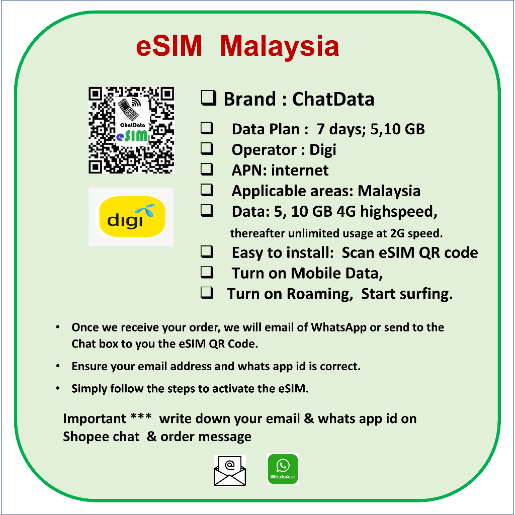 eSIM Malaysia SIM (eSIM), prime telecom network (Digi), 4G High Speed ...