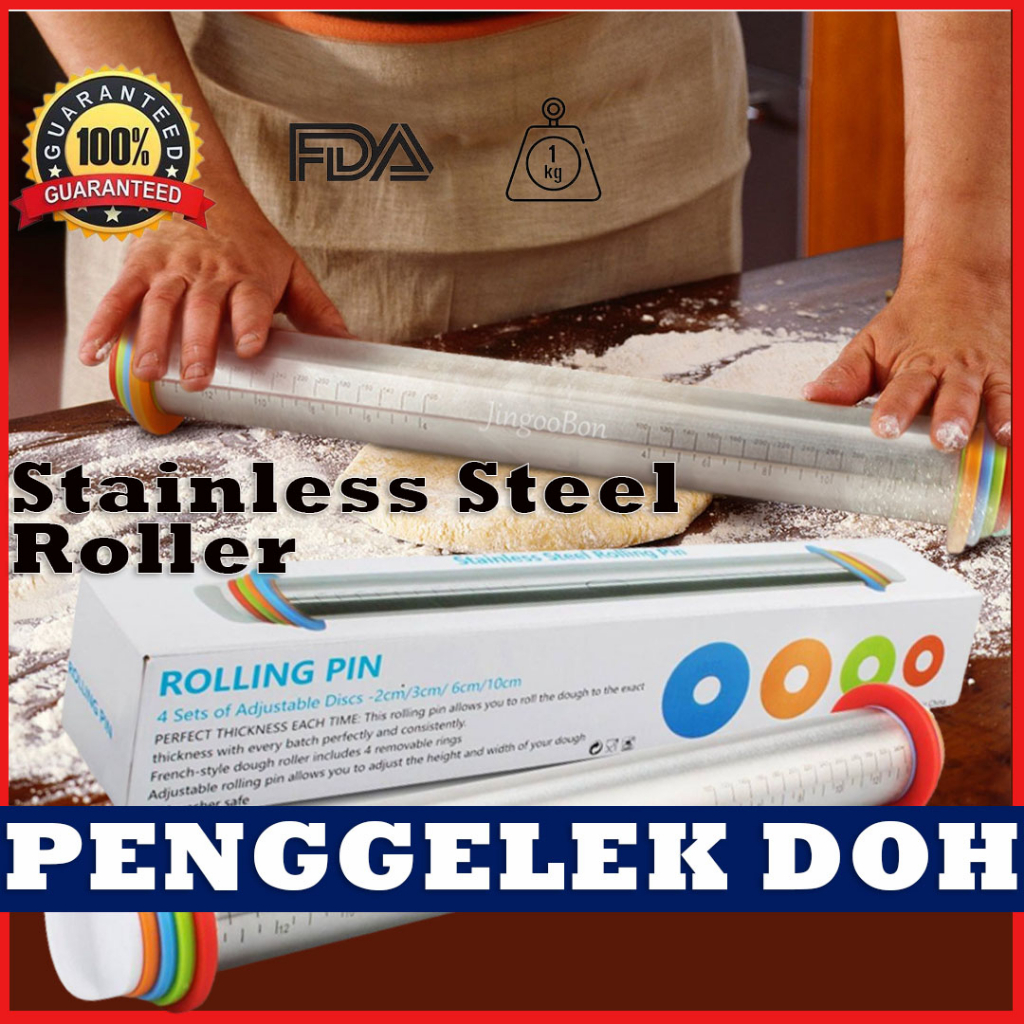 Kitchen Cookie Rolling Pin Dough Rounder Stainless Steel Pengelek Doh ...