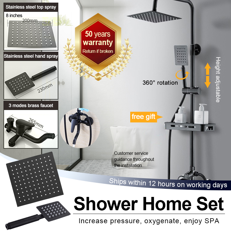 Shower Set 3 Function Black Square Stainless Steel In-let Shower Post ...