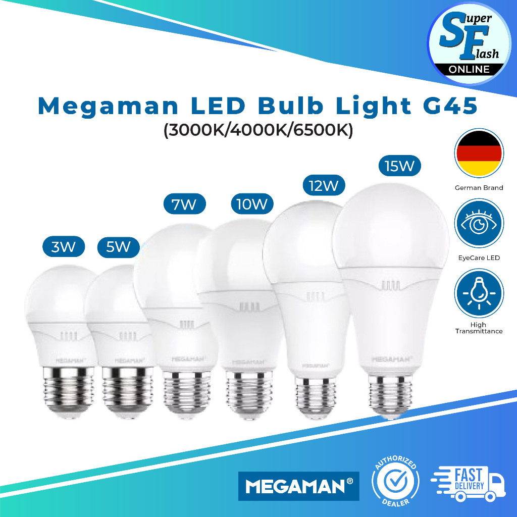Megaman LED Bulb Light G45 5W/10W/12W/15W E27 3000K/4000K/6500K Eye Care Classic Energy Saving ...