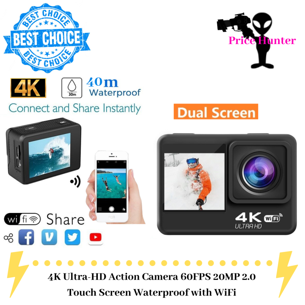 4K Ultra-HD Action Camera 60FPS 20MP 2.0 Touch Screen EIS Dual Screen WiFi Waterproof S9 Pro ...