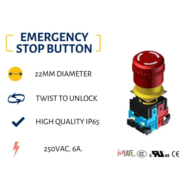 Koino Emergency Stop Switch Push Button 22mm E-Stop. IP65 250VAC, 6A ...