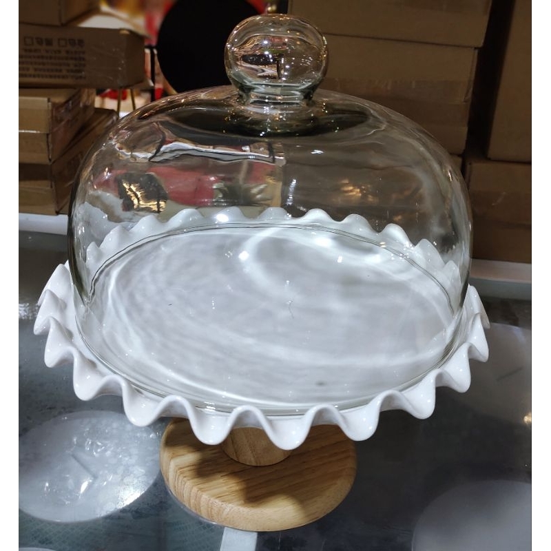 Farmhouse Cake Stand with Lid, Wood Cake Stand Glass Decoration Wedding ...