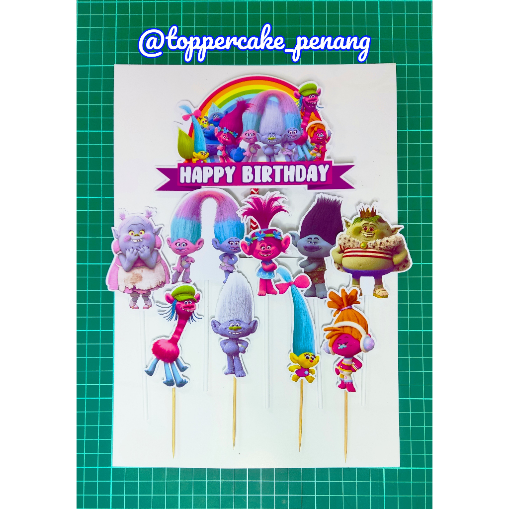 Trolls Cartoon Happy Birthday Decoration Set Cake Topper for Birthday ...