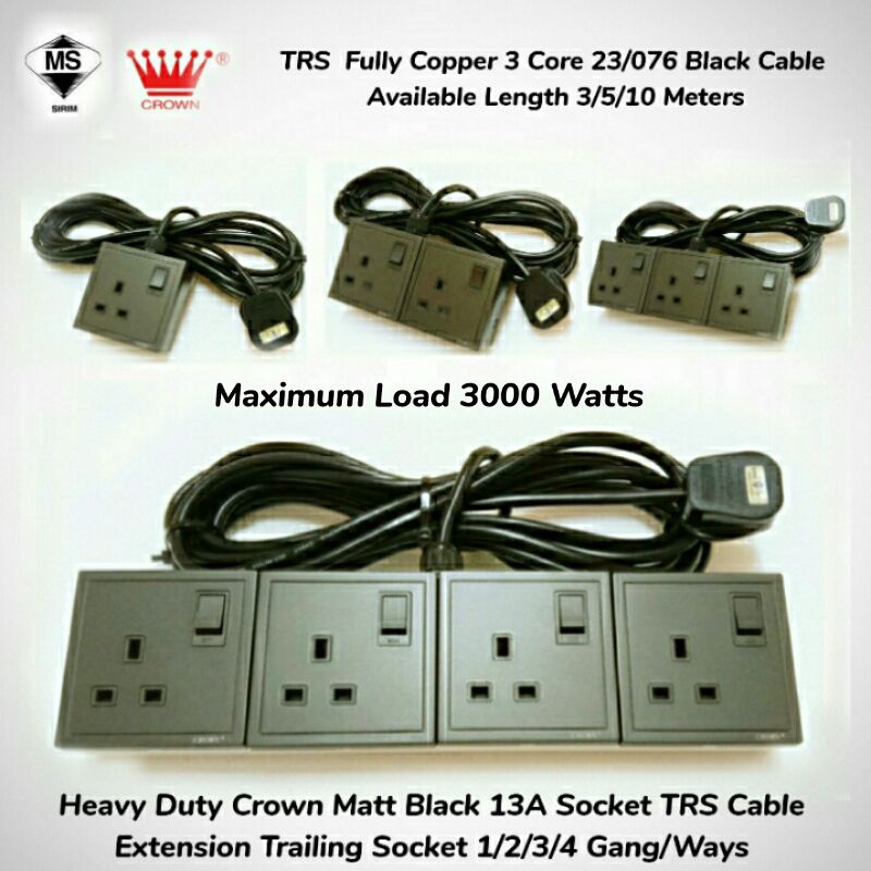 Heavy Duty Crown Matt Black Socket TRS Cable 1/2/3/4 Gang Extension ...