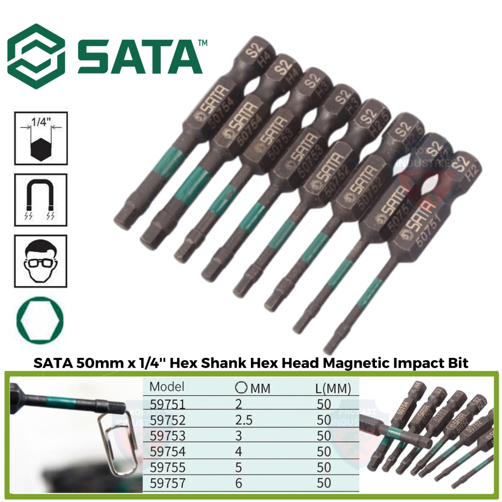 SATA 50mm x 1/4'' Hex Shank Hex Head Magnetic Impact Bit ( 2MM, 2.5MM ...