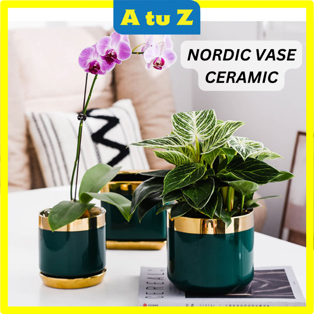 AtuZ Emerald Green Vase Ceramic Gold Lining Nordic Aesthetic Pasu Orkid ...