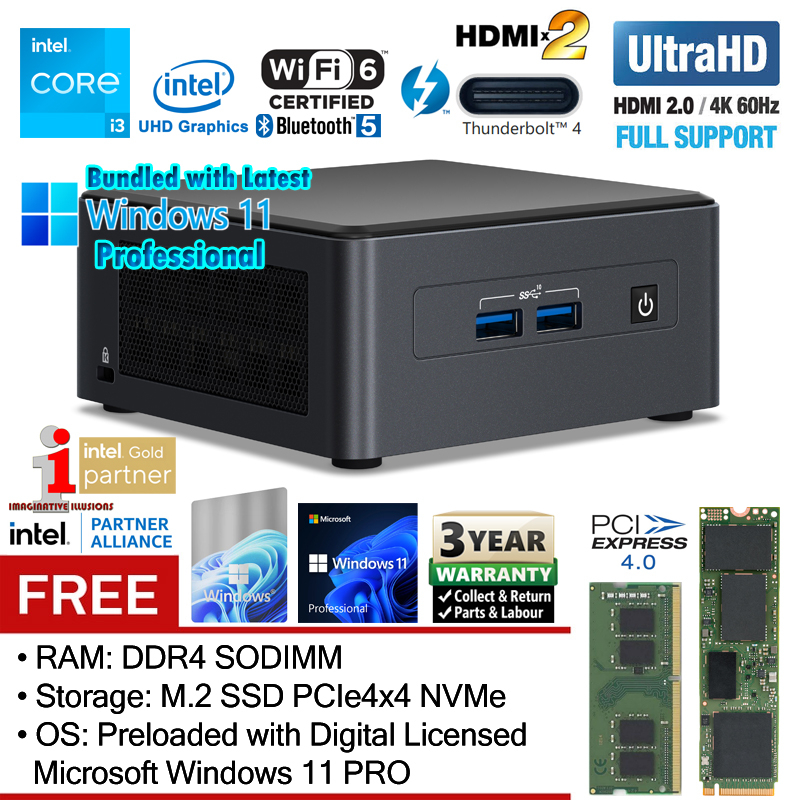 Intel NUC11TNHi3 L10 Core i3 Mini PC / NUC 11 Pro + Windows 11 PRO (NUC11 Tiger Canyon ...