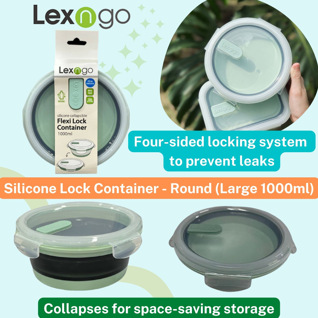 Lexngo Lock Container - Silicone Collapsible Round Bowl 1000ml for food ...
