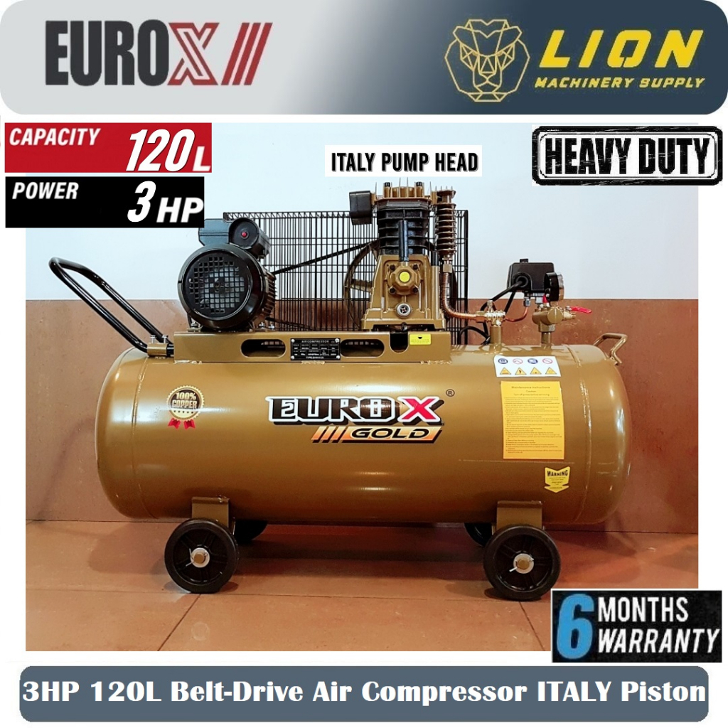 EuroX Gold 3HP 120L Heavy Duty Belt-Drive Air Compressor with ITALY Piston EAW9120G - 6 Months ...