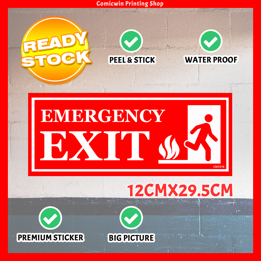CMC516 Emergency Exit Sticker (29.5x12cm) Fire Exit Direction Sticker ...