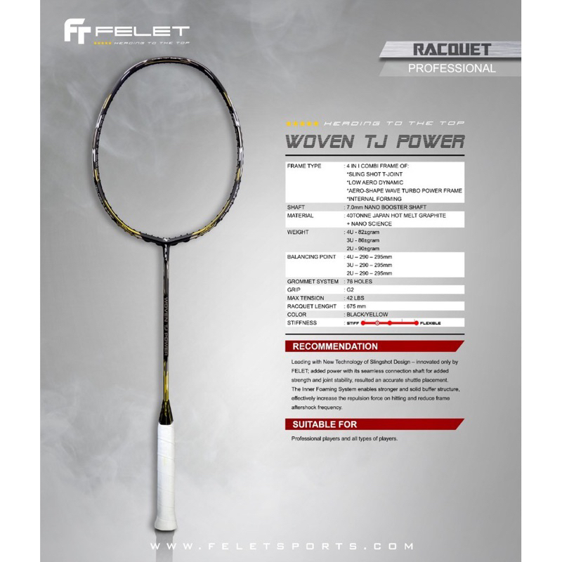 FELET WOVEN TJ POWER V2 [UNSTRUNG] [ FREE STRING GRIP & TOUR BAG] [100% ...