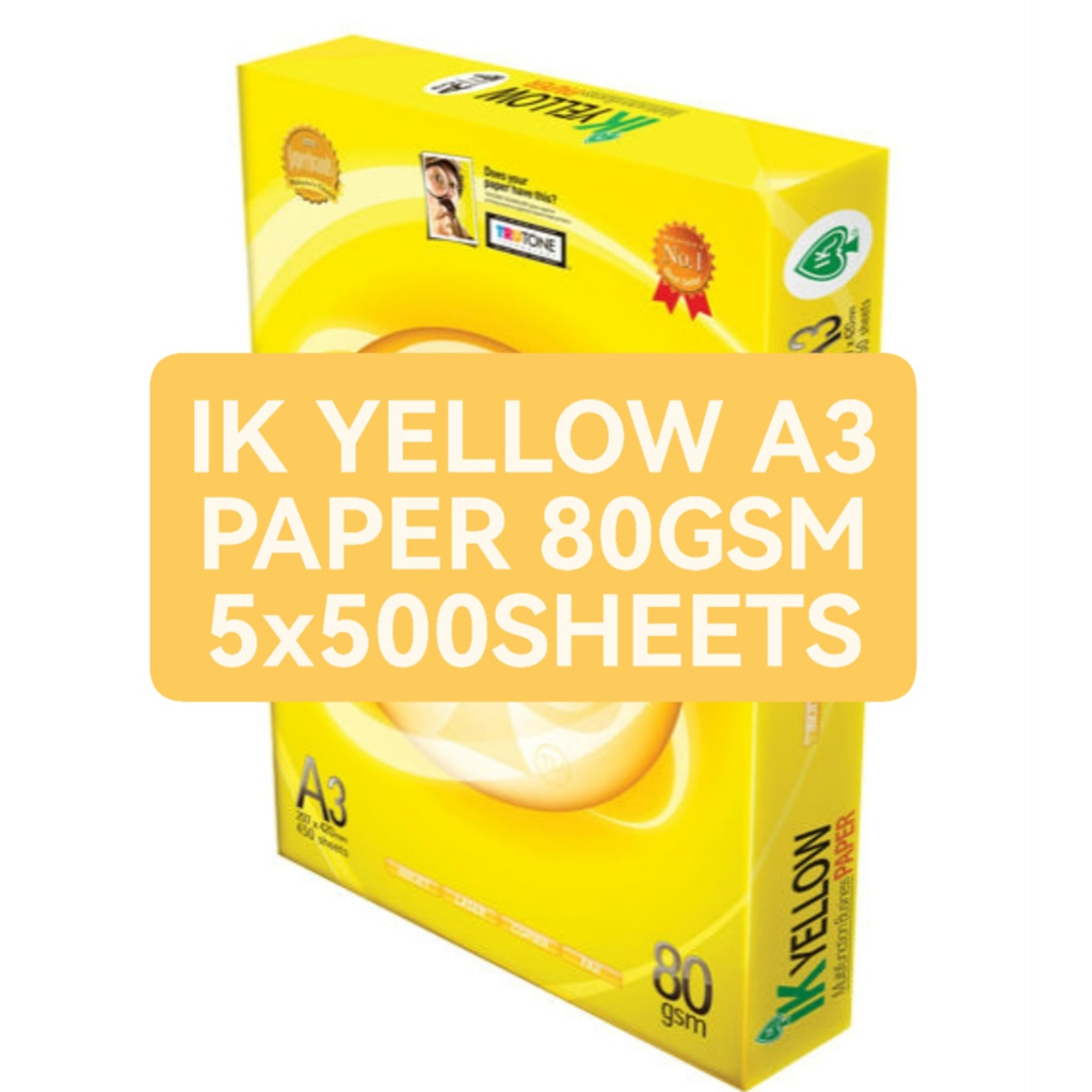 (READY STOCK) IK YELLOW 500 SHEETS 80 GSM A3 PAPER 1 CARTON BOX 5 REAM KERTAS PHOTOSTAT 复印纸 白色 ...