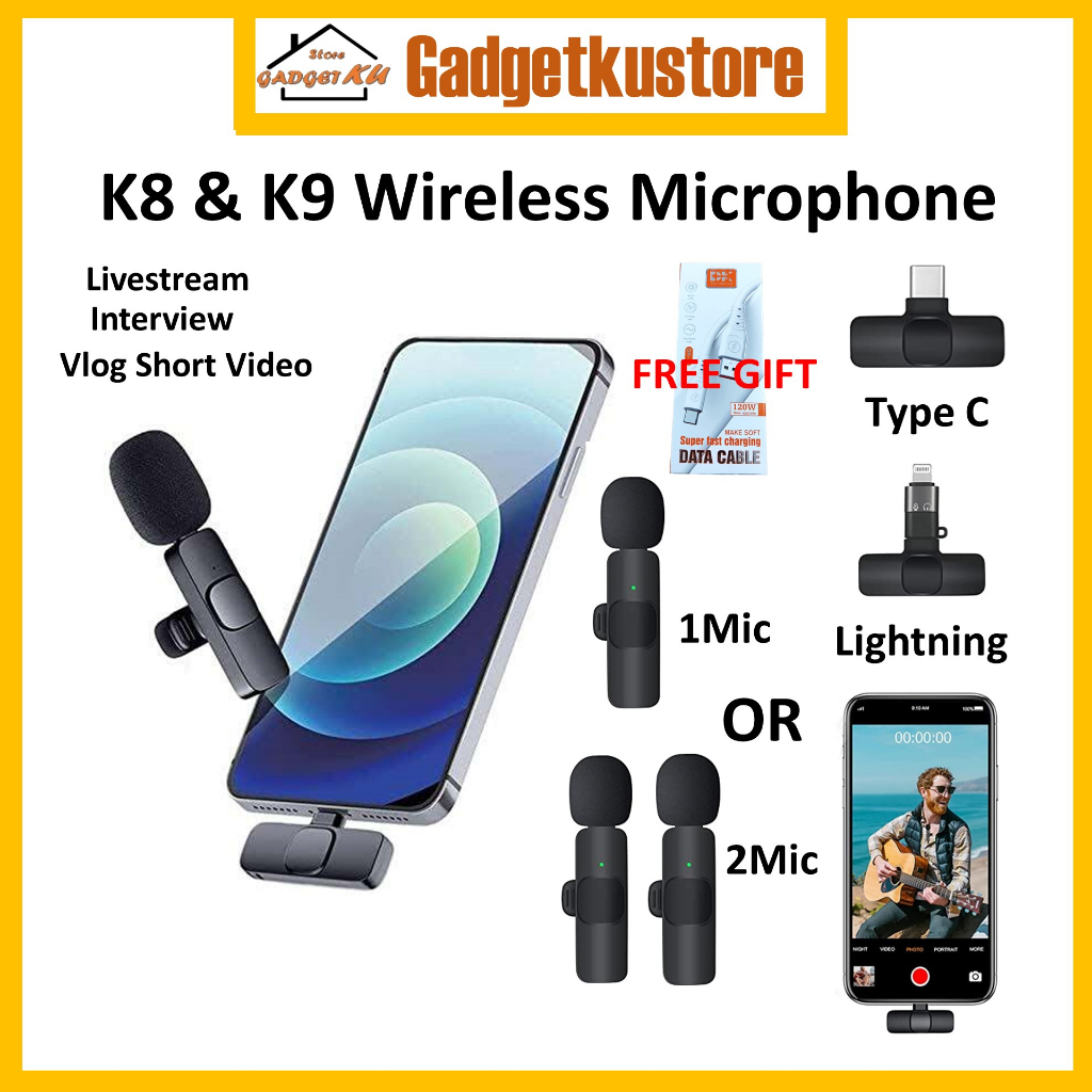 [FREE GIFT] K8 & K9 Wireless Microphone 1Mic/2Mic for Vlog Interview Recording Live Portable ...