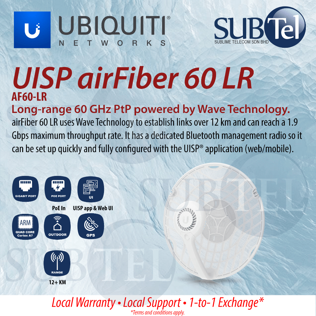 Ubiquiti UISP airFiber 60 LR AF-60-LR PTP link 12+ km upto 1.9Gbps throughput with built-in GPS ...