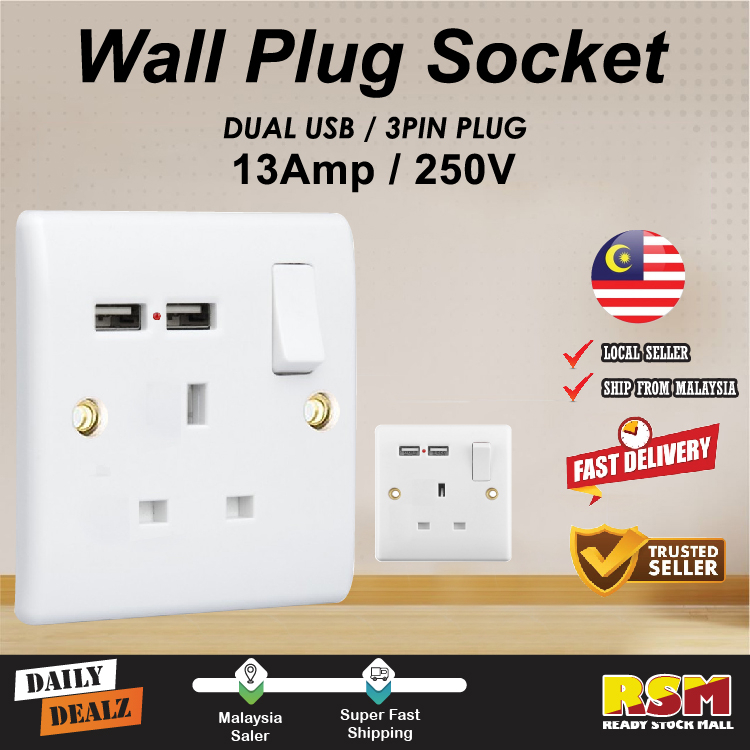 13A Fast Charging 3 Pin Plug Wall Socket with Dual USB Charging Ports ...