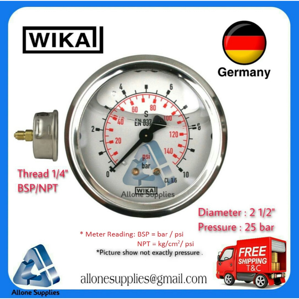 " WIKA " 100% Original Pressure Gauge , 0~25 Bar Diameter 2" 1/2 (Diameter 63mm), 1/4" BSP and ...