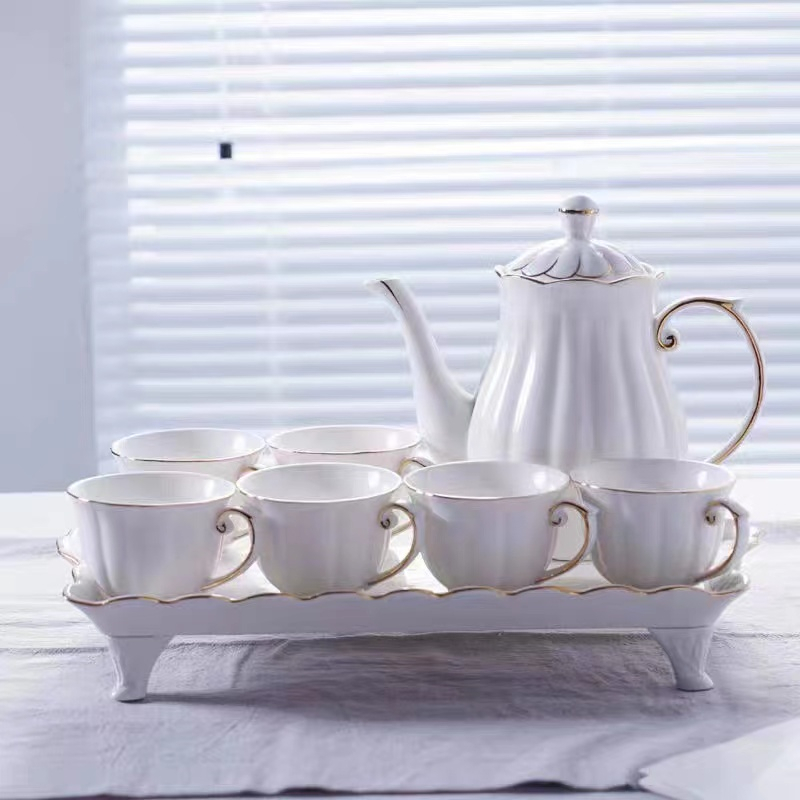 Shefu Luxury Nordic Ceramic Teapot Set High Stand Tray With Gold Trim ...