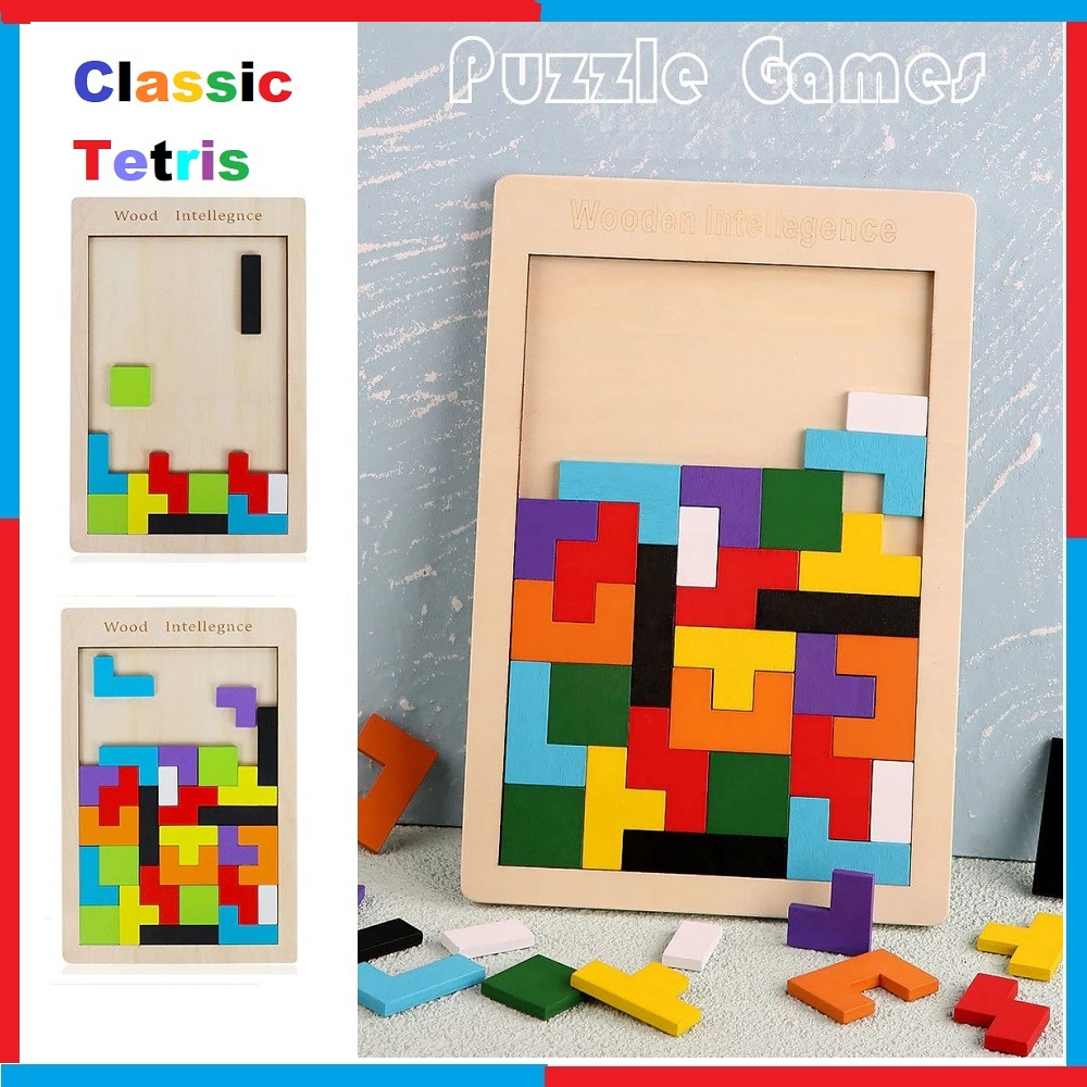 Wooden TETRIS Puzzle Kids Brain Tangram Board Game Tetris Intellectual ...