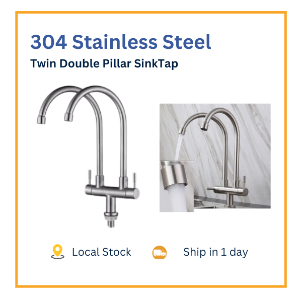 304 Stainless Steel Matt FInish Twin Double Pillar Mounted Tap Sink Tap ...