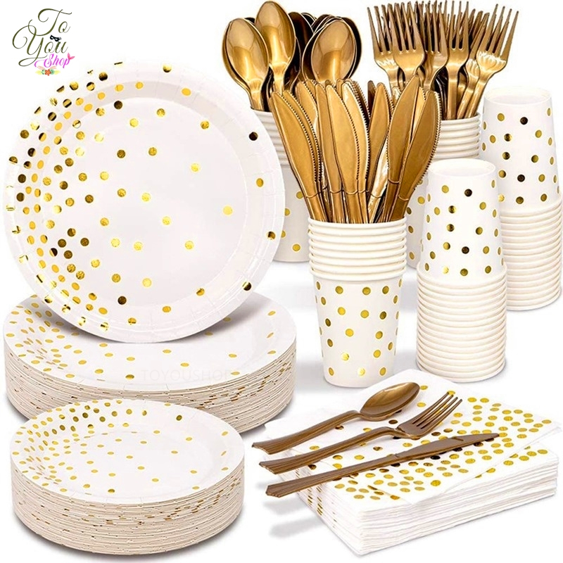 GOOD QUALITY & READY STOCK White Polka Dot Disposable Party Tableware ...