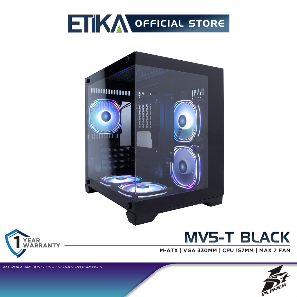 1st Player MV5-TP Black | Micro ATX Double Sided Tempered Glass Gaming Casing | Transparent ...