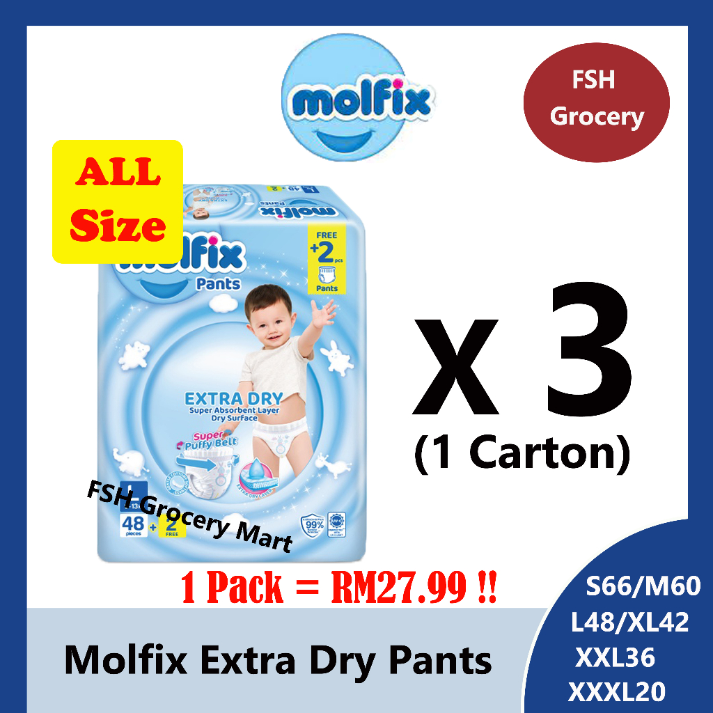 Molfix Extra Dry Pants (S66 / M58 / L48 / XL42 / XXL 36 / XXXL 20) X 3 ...
