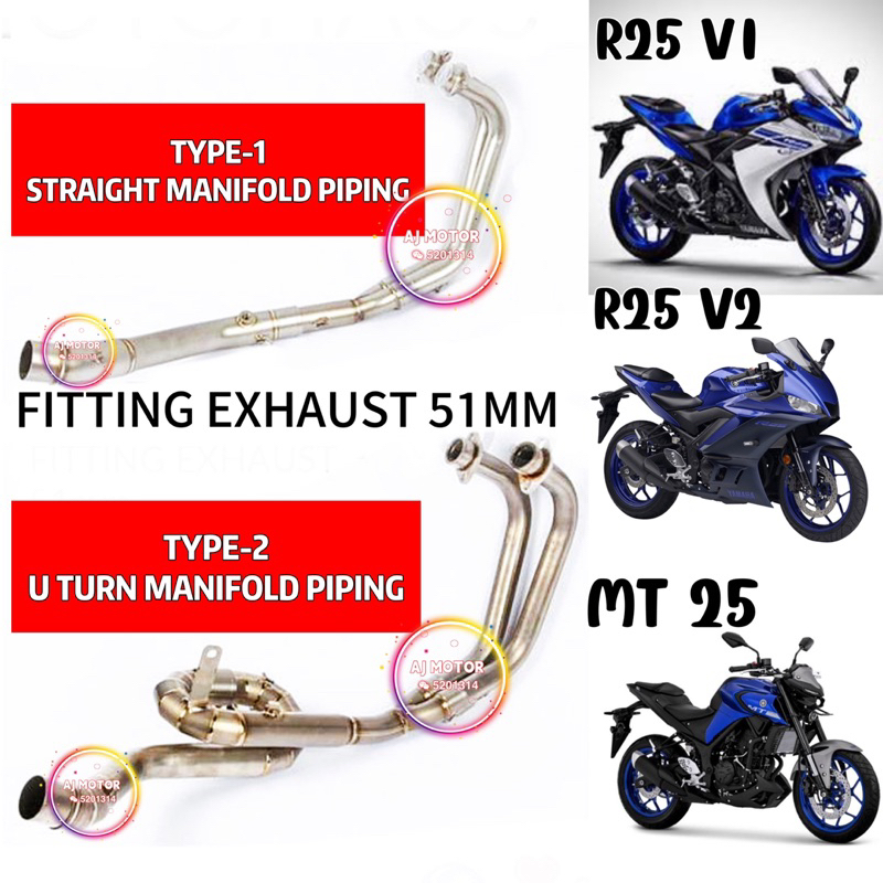 YAMAHA MT25 R25 V1 V2 V3 51MM U TURN EXHAUST MANIFOLD FULL SYSTEM ...