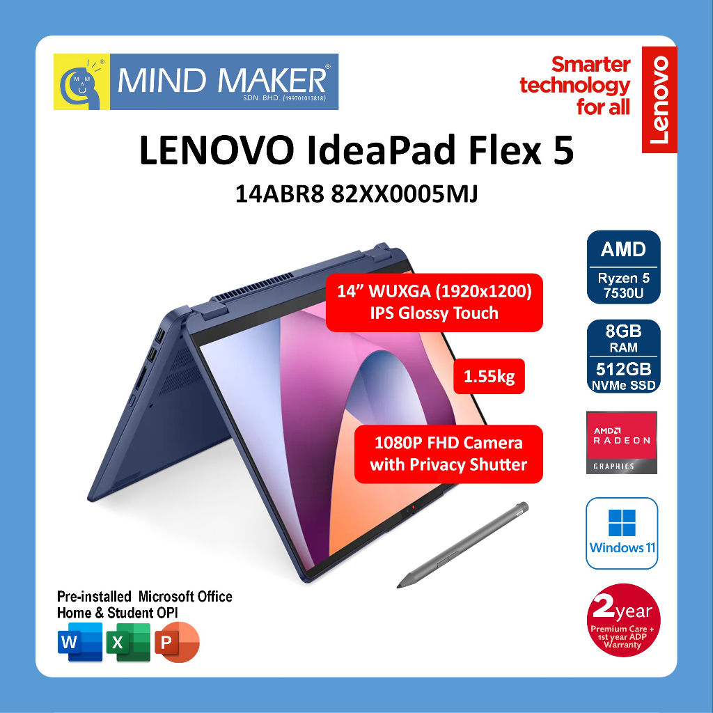 Lenovo IdeaPad Flex 5 14ABR8 82XX0005MJ / R5-7530U / Win11 / Office OPI / 8GB RAM / 512GB SSD ...
