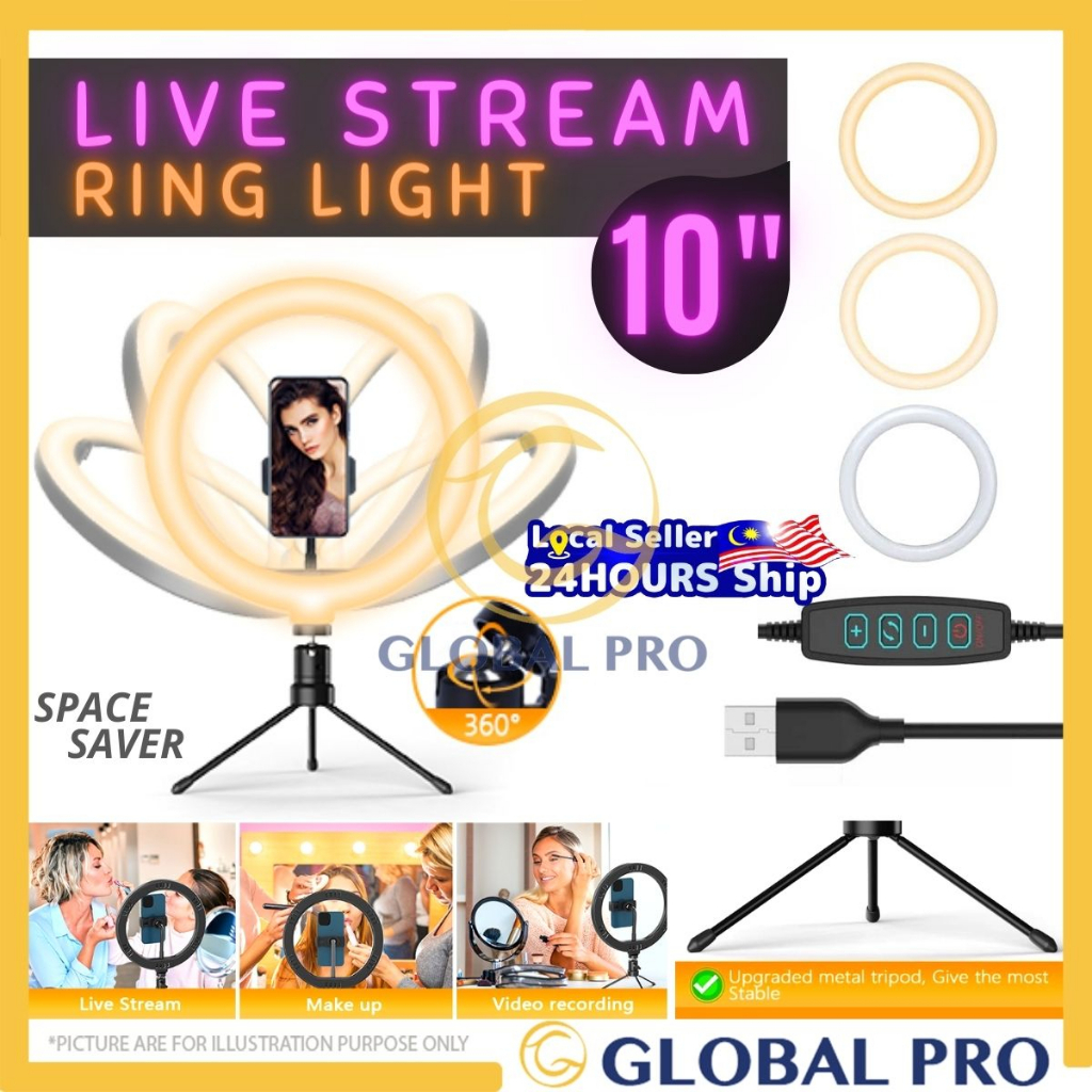 26CM (10") LED Ring Light Table Top Stand Selfie Fill Light Lampu Live ...