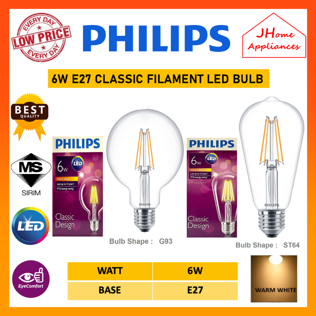 PHILIPS 6W E27 CLASSIC FILAMENT LED BULB (BULB SHAPE - G93 / ST64 ...